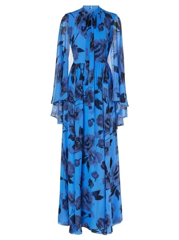 Erdem Tie-neck Floral Gown - Blue