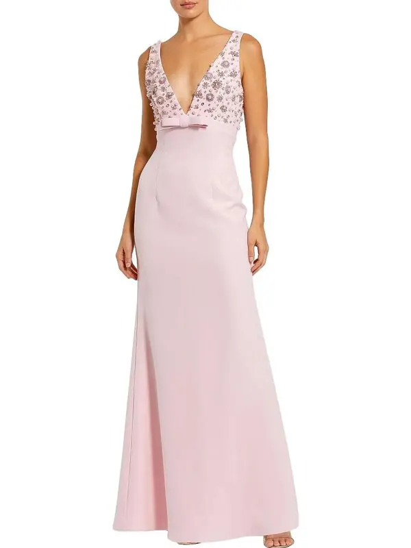 Mac Duggal Crêpe Floral Beaded Bow A-line Gown - Blush
