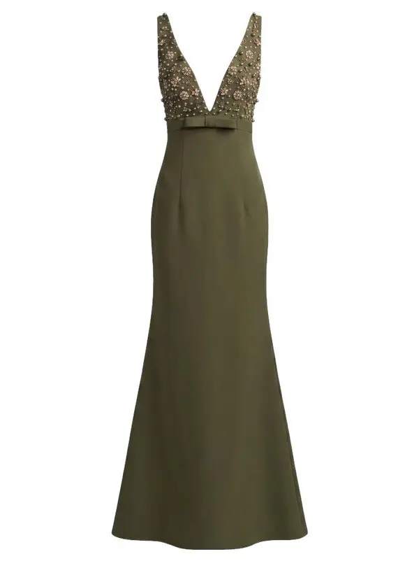 Mac Duggal Crêpe Floral Beaded Bow A-line Gown - Olive