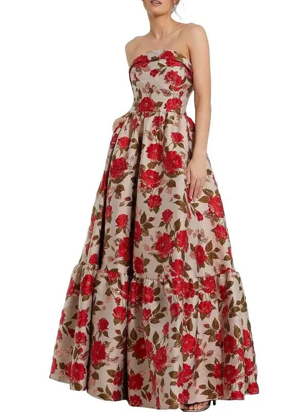 Mac Duggal Peony Brocade Strapless Ballgown - White Multi