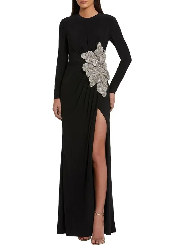 Mac Duggal Jersey Beaded Floral Long-sleeve Gown - Black