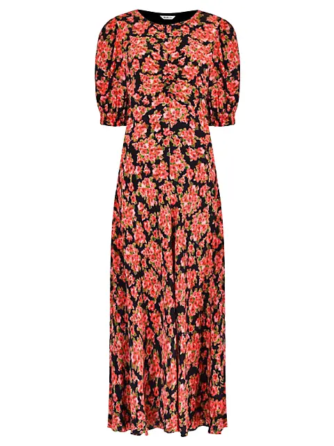 RO&ZO Rose-print Ruched Crepe Midi Dress - Black