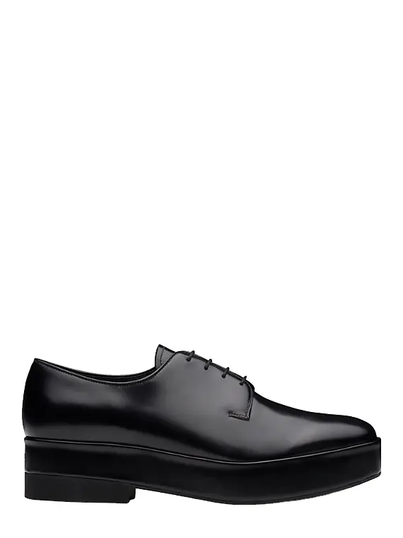 Prada Brushed Laced Leather Derby Shoes - Black