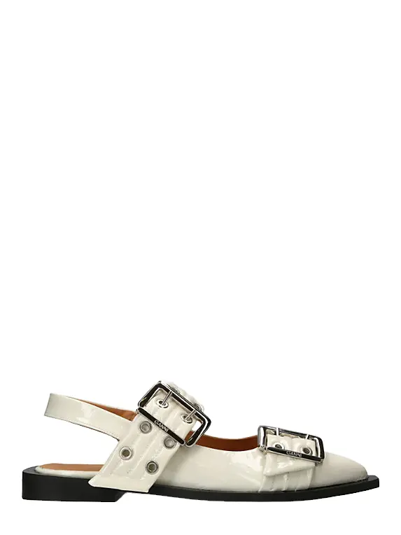 GANNI Buckle-embellished Slingback Leather Ballet Flats - White