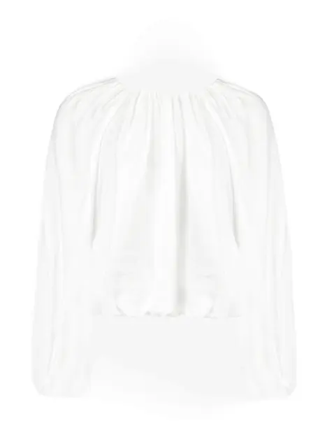 RO&ZO Blouson-sleeve Bubble-hem Crinkle Woven Top - White