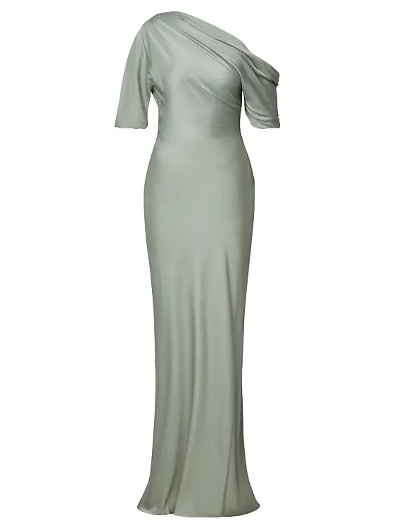 MALINA Marisa Asymmetric-neck Draped Satin Maxi Dress - Sage