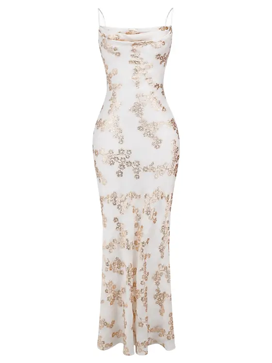 House Of Cb Floral-embroidered Satin Maxi Dress - White & Gold