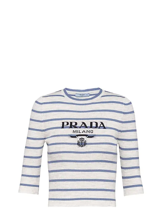 Prada Superfine Logo-intarsia Striped Virgin-wool Top - Grey