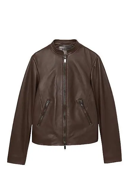 REISS Slim-fit Leather Biker Jacket - Chocolate Brown