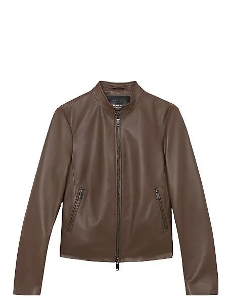 REISS Allie Slim-fit Leather Biker Jacket - Taupe Neutral