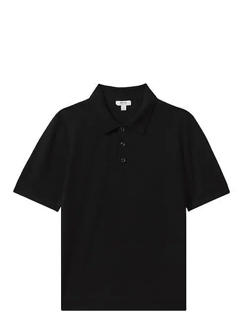 REISS Manor Half-button Slim-fit Merino-wool Polo Shirt - Black
