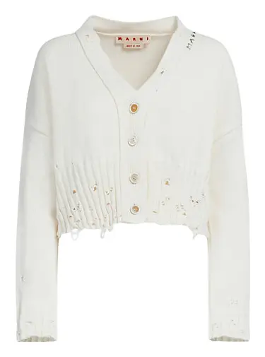 Marni Cotton-knit Cardigan With Distressed Trims - Lily White