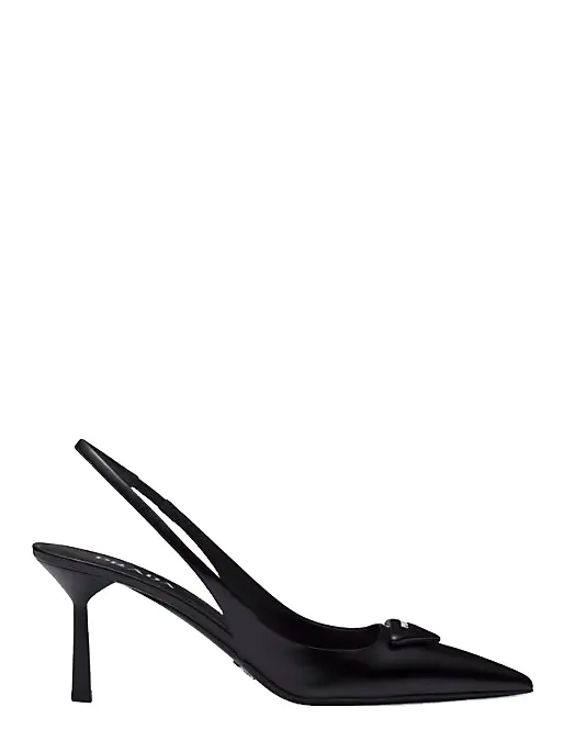 Prada Logo-plaque Slingback Heeled Leather Pumps - Black