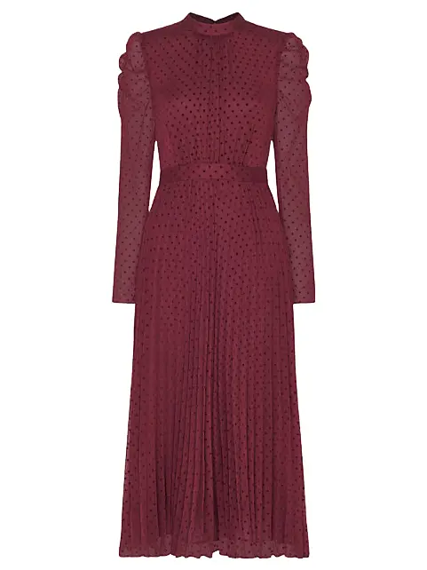 Whistles Woven Polka Dot Midi Dress - Plum/claret