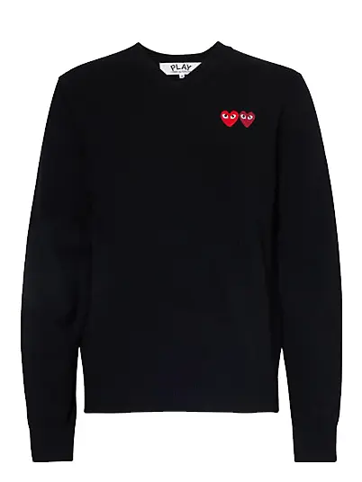 Play Comme Des Garcon Heart Appliqué V-neck Wool-knit Jumper - Black