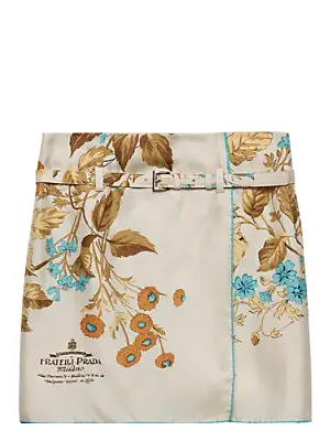 Prada Floral-print Archive-logo Silk-twill Mini Skirt - Neutral
