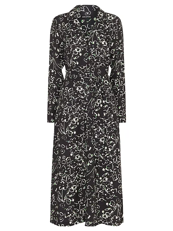 Whistles Scribble Bouquet-pattern Self-tie Woven Midi Dress - Black