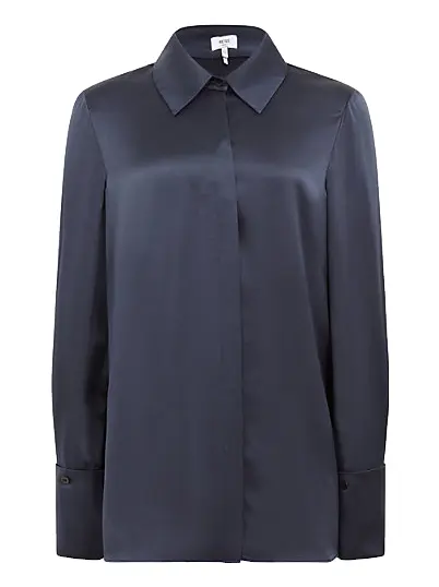 REISS Hailey Point-collar Silk Shirt - Navy