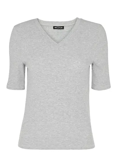 Whistles V-neck Ribbed Stretch-knit Top - Grey