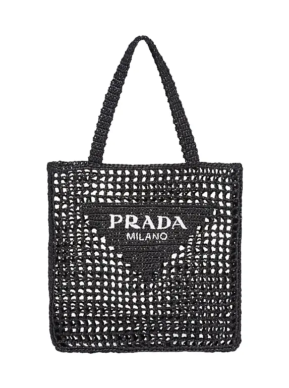 Prada Logo-embellished Crochet Viscose Tote Bag - Black