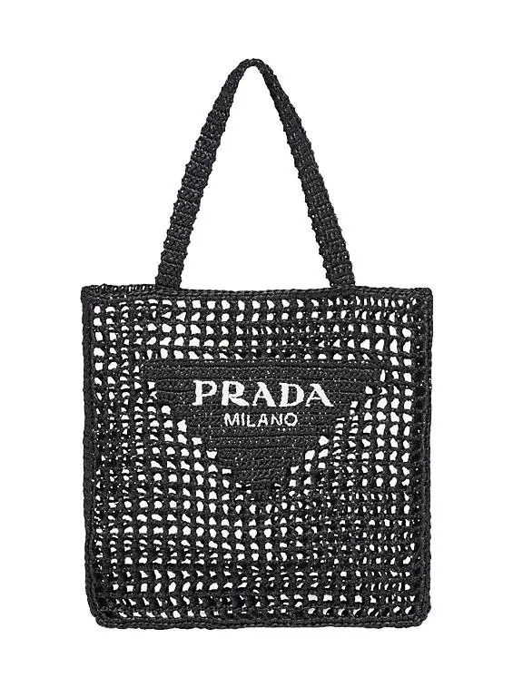 Prada Logo-embellished Crochet Viscose Tote Bag - Black