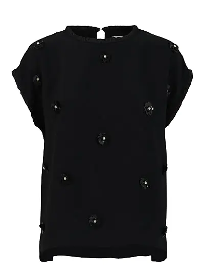 LEEM Flower-embroidered High-neck Top - Black