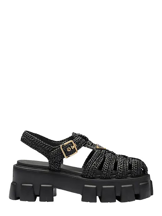 Prada Monolith Logo-plaque Chunky-sole Caged Crochet Sandals - Black