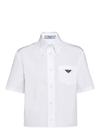 Prada Logo-plaque Cropped Cotton Shirt - White