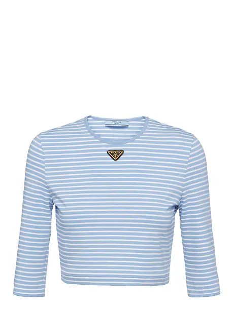 Prada Stripe-pattern Cotton-jersey Top With Brand Plaque - Light Blue
