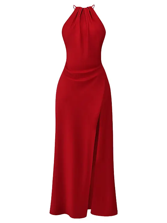 House Of Cb Halter-neck Thigh-split Woven Maxi Dress - Red Rose