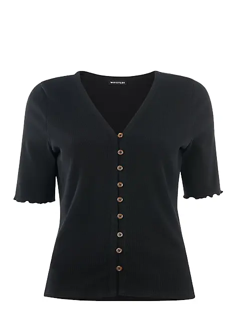 Whistles Frilled-trim V-neck Cotton-blend T-shirt - Black