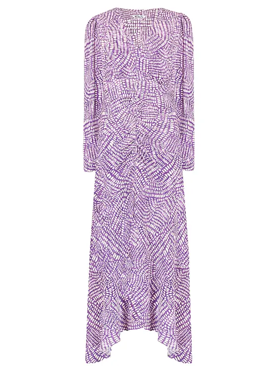 RO&ZO Geometric-print Ruched Crepe Midi Dress - Purple