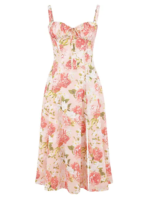 House Of Cb Carmen Gathered-cup Cotton-blend Midi Dress - Pink Peony Print