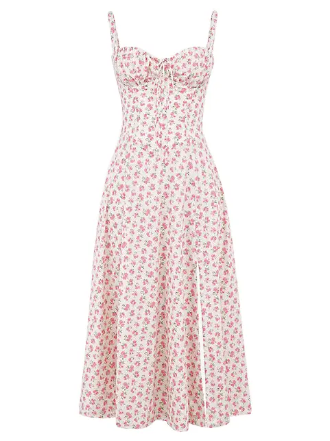 House Of Cb Carmen Gathered-cup Cotton-blend Midi Dress - White Rosebud Print