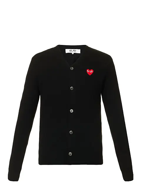 Play Comme Des Garcon Logo-embroidered V-neck Wool Cardigan - Black