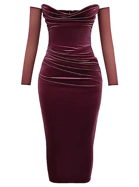 House Of Cb Leora Strapless Velvet Midi Dress - Mulberry