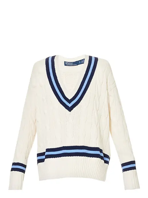 Polo Ralph Lauren Cricket Relaxed-fit V-neck Cable-knit Jumper - Cream W/ Navy Stripe