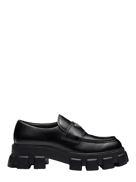 Prada Monolith Logo-embellished Brushed Leather Loafers - Black