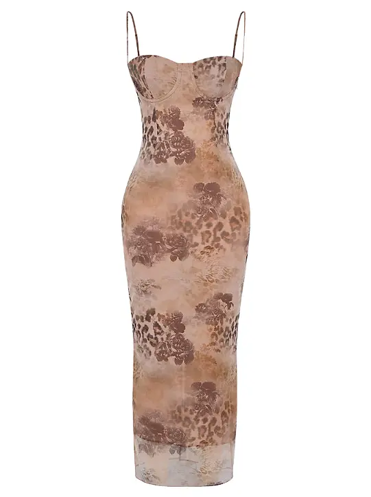 House Of Cb Aiza Floral-print Stretch-mesh Maxi Dress - Cream Floral