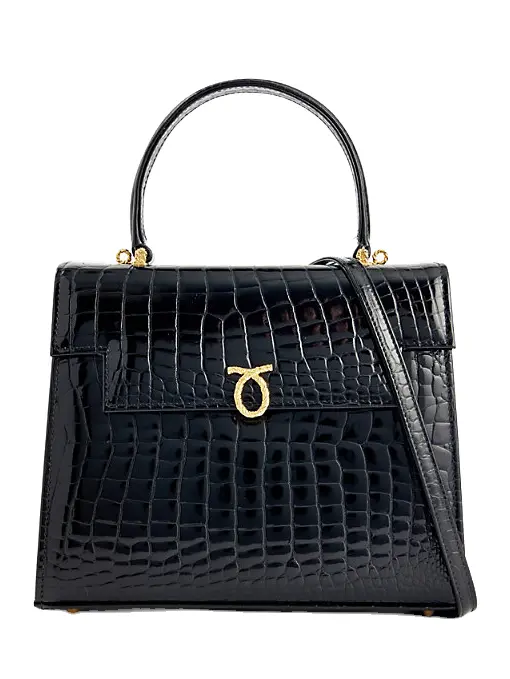 LAUNER Traviata Croc-embossed Leather Shoulder Bag - Black Moc Croc