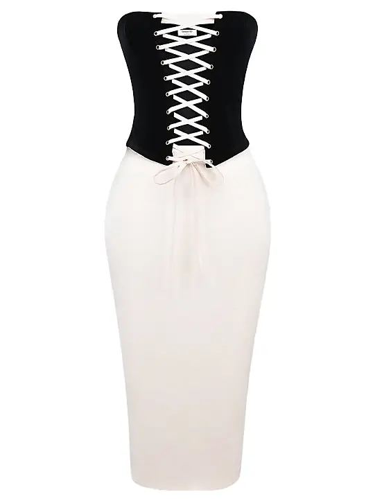 House Of Cb Jaina Strapless Corseted Midi Dress - Black And Cream