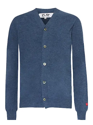 Play Comme Des Garcon Heart Appliqué V-neck Wool-knit Cardigan - Navy