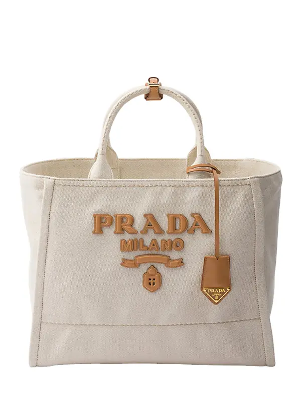 Prada Brand-typography Large Linen-blend Tote Bag - Neutral