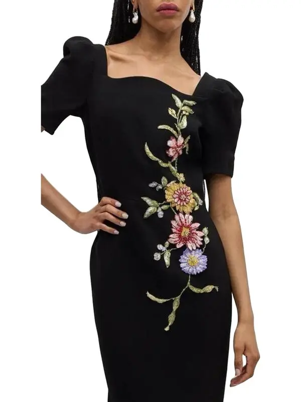Rickie Freeman For Teri Jon Puff-sleeve Floral Applique Dress - Black Multi