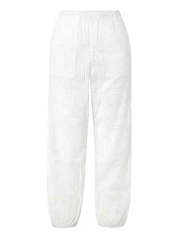 Tory Burch Eyelet Beach Embroidered Cotton Tapered Pants - White