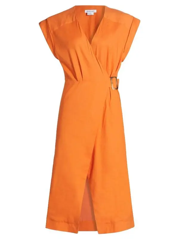 Veronica Beard Octavia Linen-blend Wrap Midi-dress - Orange