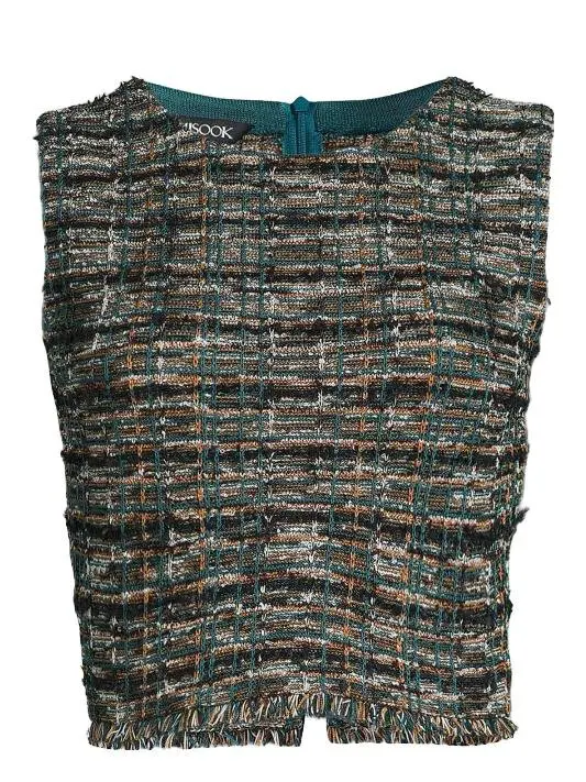 Misook Tweed Fringe Crop Tank - Spruce