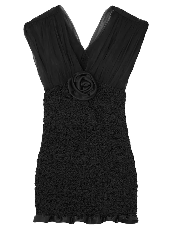 Alessandra Rich Appliquéd Shirred Silk-satin And Tulle Mini Dress - Black