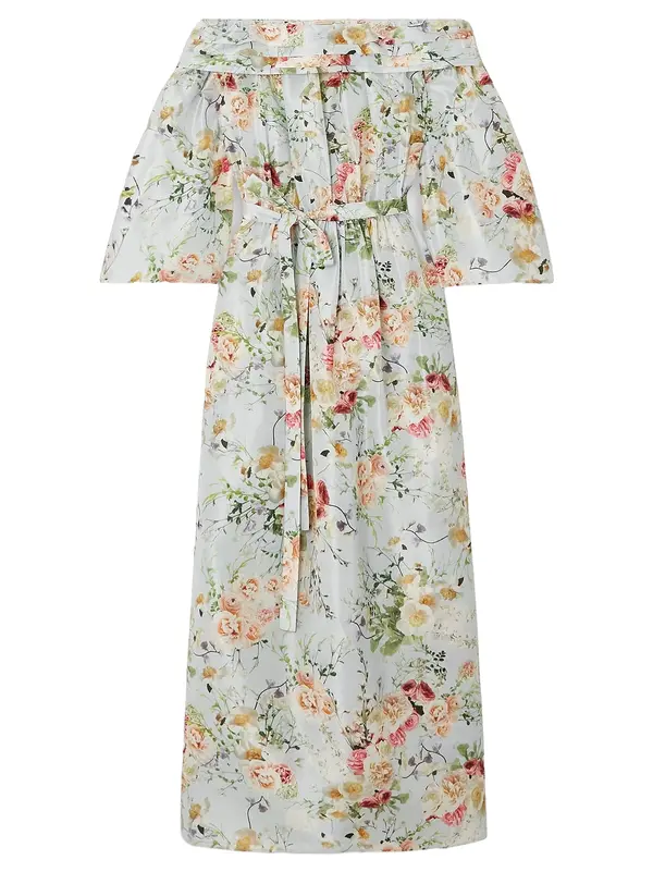 Adam Lippes Bardot Off-the-shoulder Floral-print Maxi Dress - Sky Blue