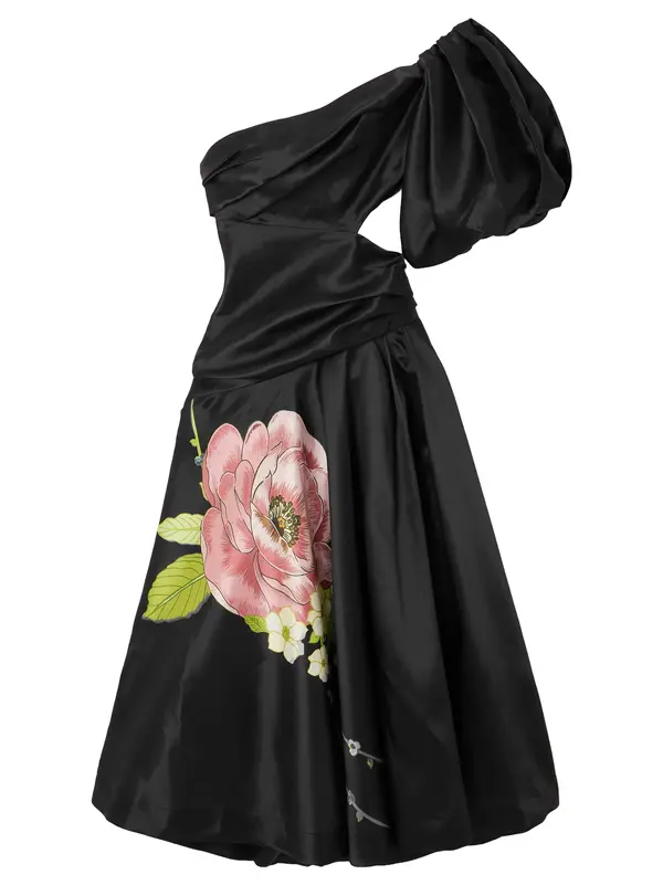 ALEMAIS Regent Noir One-sleeve Floral-print Taffeta Gown - Black